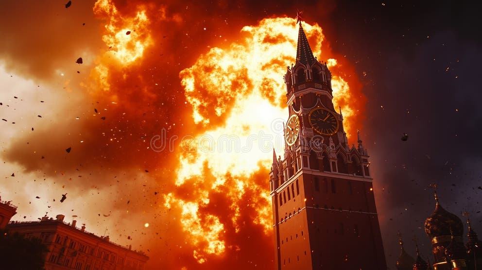 A Large Clock Tower with a Large Explosion Coming Out of it Stock Photo ...