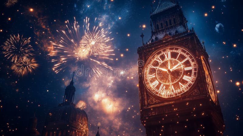 A Large Clock Tower with a Large Clock Face is Lit Up with Fireworks ...