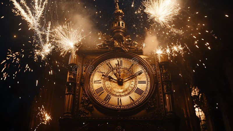 Large Clock Tower with Fireworks Exploding in the Sky Stock Photo ...