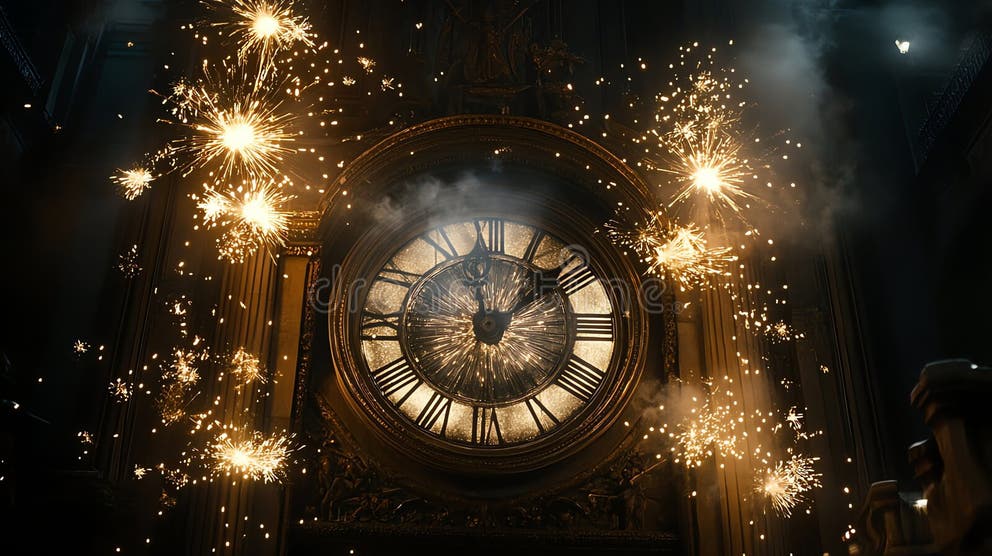 Large Clock Tower with Fireworks Exploding in the Sky Stock Photo ...