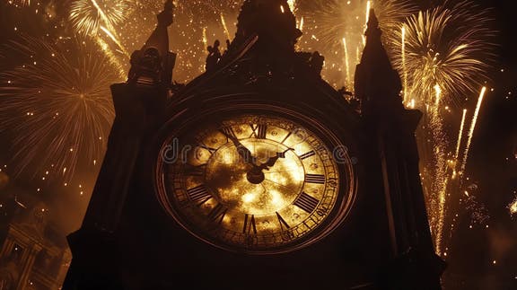 Large Clock Tower with Fireworks Exploding in the Sky Stock Photo ...