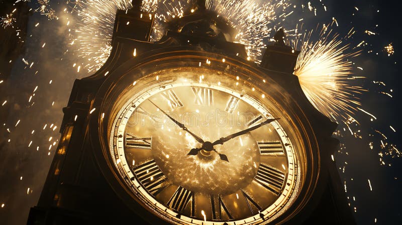 Large Clock Tower with Fireworks Exploding in the Sky Stock Photo ...