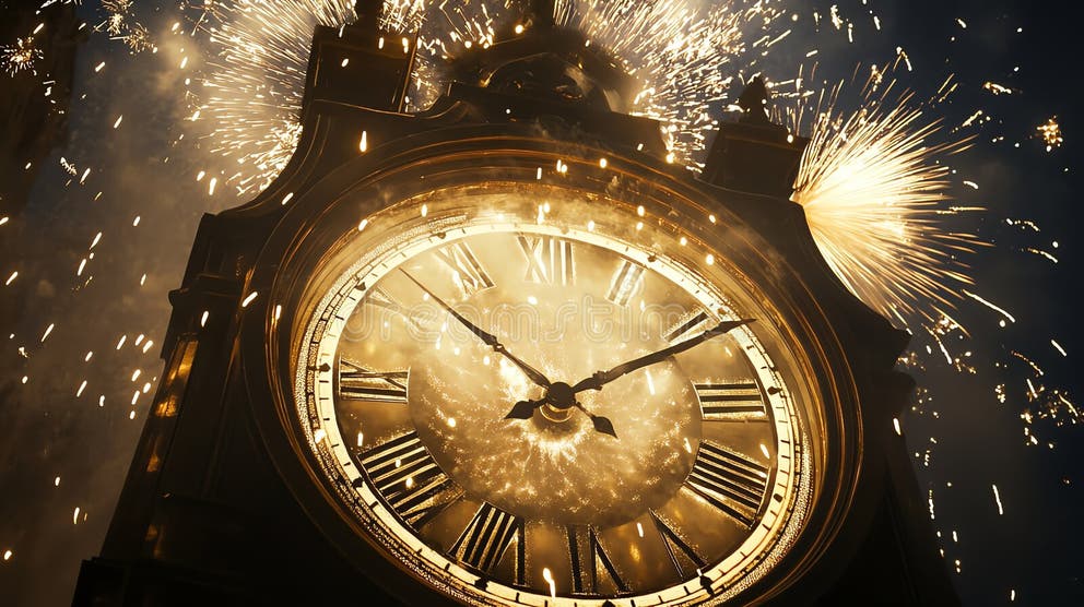 Large Clock Tower with Fireworks Exploding in the Sky Stock Photo ...
