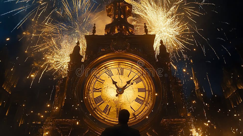 Large Clock Tower with Fireworks Exploding in the Sky Stock Image ...