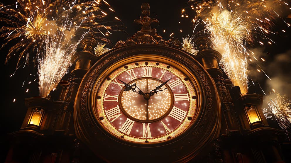 Large Clock Tower with Fireworks Exploding in the Sky Stock Image ...