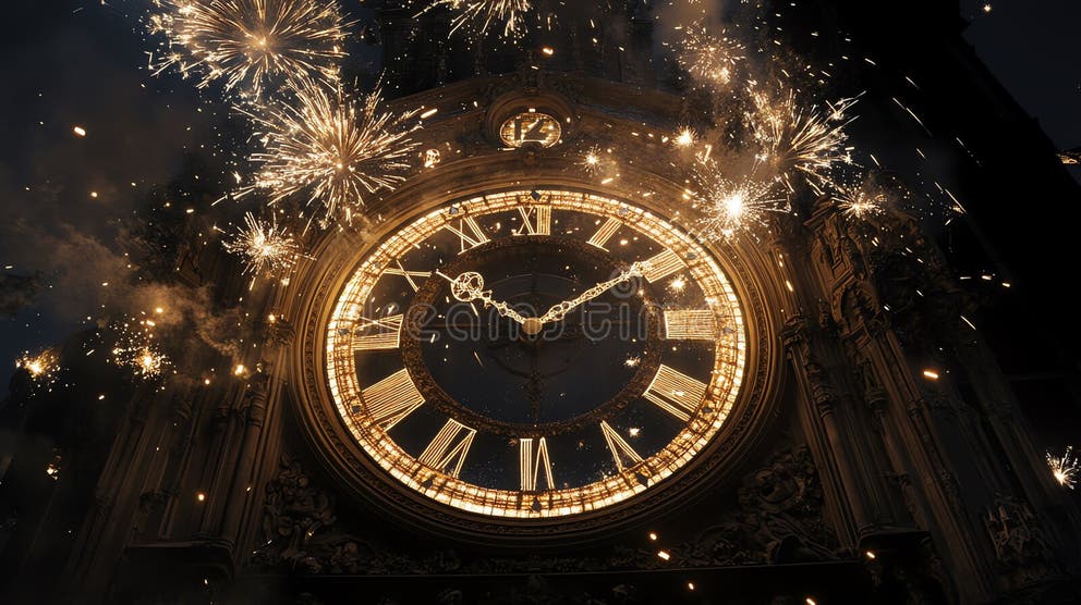 Large Clock Tower with Fireworks Exploding in the Sky Stock Image ...