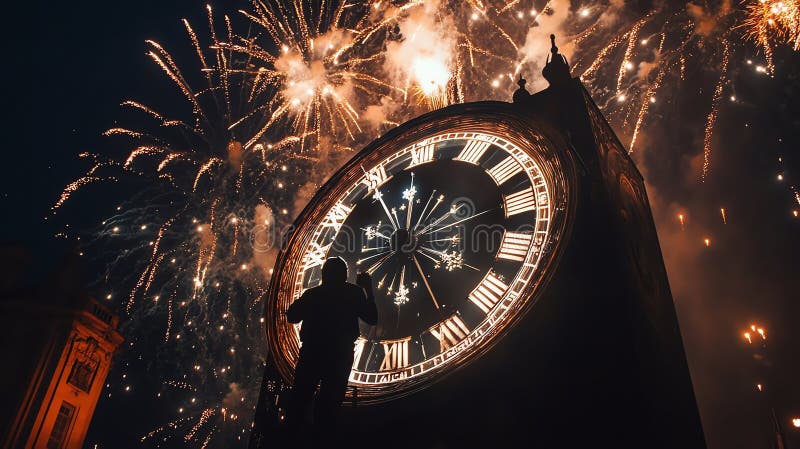 Large Clock Tower with Fireworks Exploding in the Sky Stock Photo ...