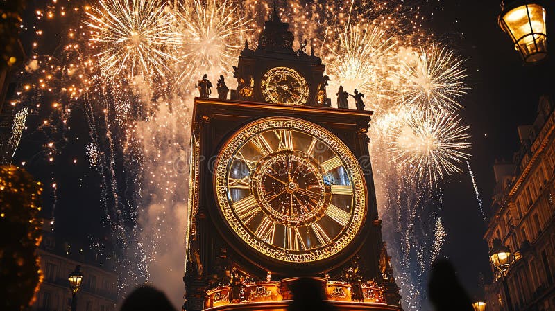 Large Clock Tower with Fireworks Exploding in the Sky Stock Image ...