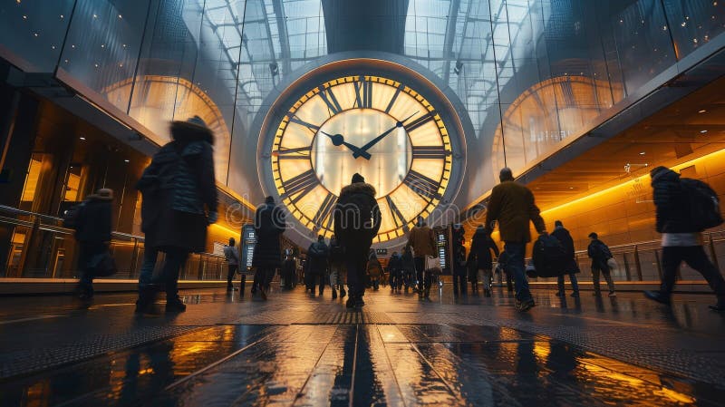 A Large Clock in a Train Station with People Walking Around Stock ...