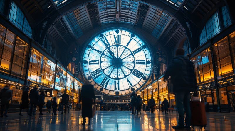 A Large Clock in a Train Station with People Walking Around Stock Image ...