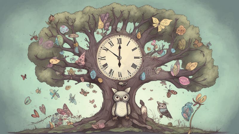A Large Clock Tree with an Owl Sitting on it, Butterflies Flying Around ...