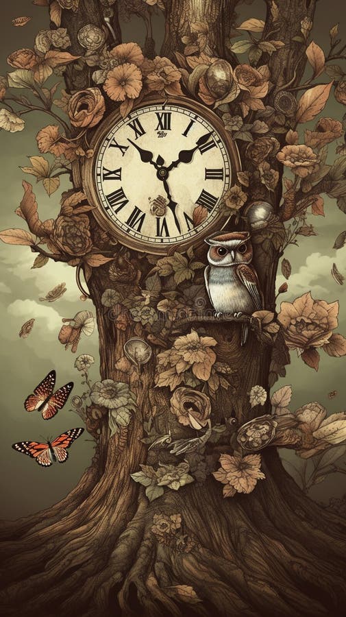 A Large Clock Tree with an Owl Sitting on it, Butterflies Flying Around ...