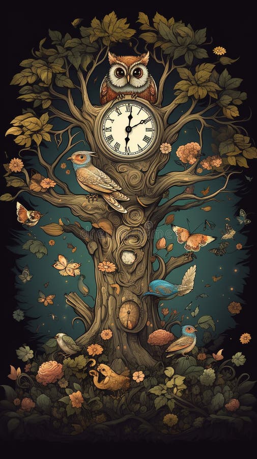 A Large Clock Tree with an Owl Sitting on it, Butterflies Flying Around ...