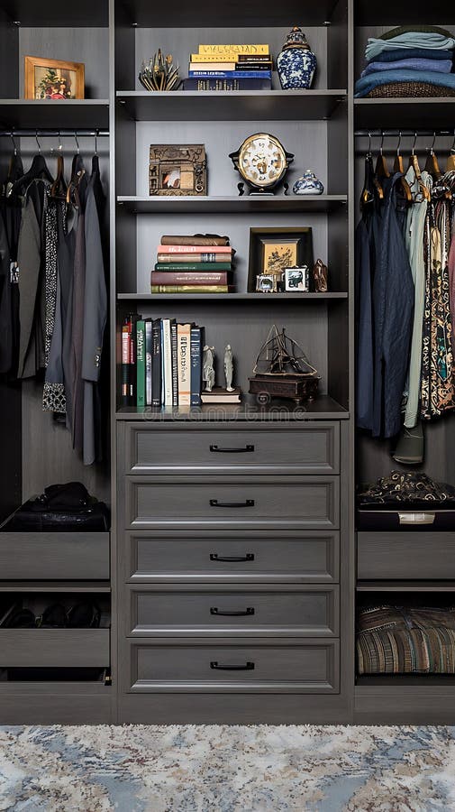 A Large Closet with a Lot of Clothes and Books Stock Image - Image of ...