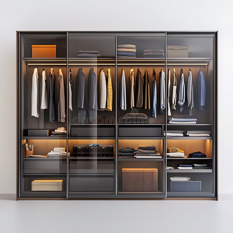 A Large Closet with Many Clothes and a Box on the Bottom Shelf Stock ...