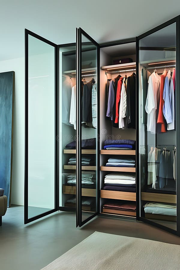 A Large Closet with a Mirror on the Wall Stock Photo - Image of white ...