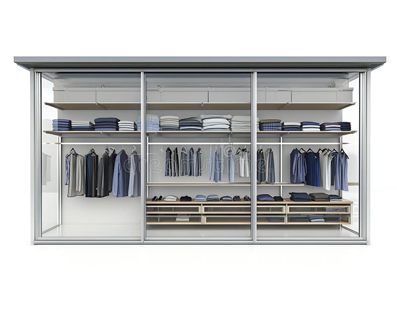 A Large Closet with Three Glass Doors and a White Background Stock ...