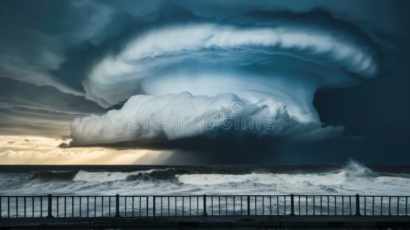 A Large Cloud Over the Ocean with a Pier in Front of it, AI Stock Image ...
