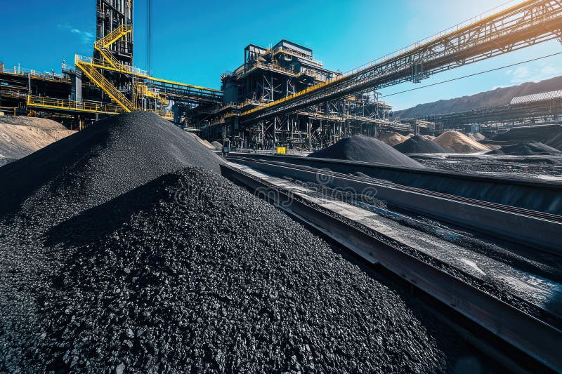 Large Coal Mining Site with Conveyor Belts and Black Coal Under Blue ...