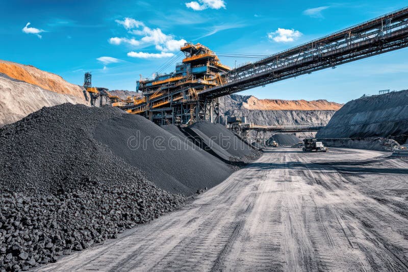 Large Coal Mining Site with Conveyor Belts and Black Coal Under Blue ...