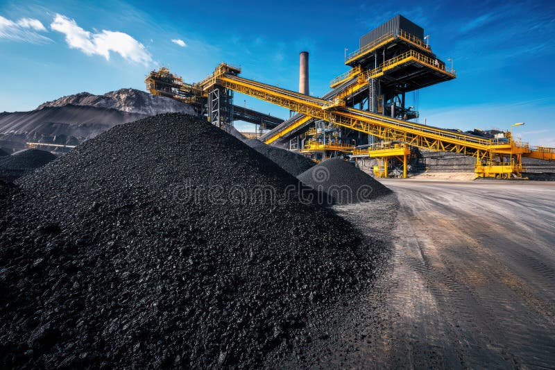 Large Coal Mining Site with Conveyor Belts and Black Coal Under Blue ...