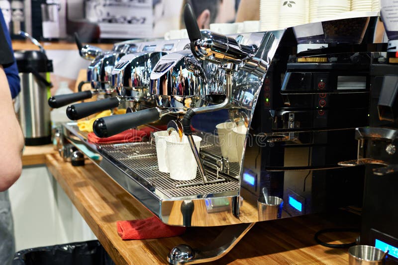 Large Coffee Machine Pours Two Paper Cups Stock Image - Image of making ...