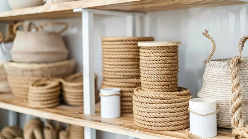 A Large Coil of Thick Rope with White Labels Sits on a Shelf in an ...