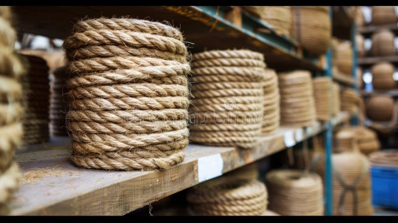 A Large Coil of Thick Rope with White Labels Sits on a Shelf in an ...