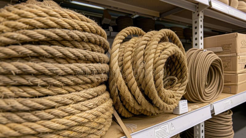 A Large Coil of Thick Rope with White Labels Sits on a Shelf in an ...