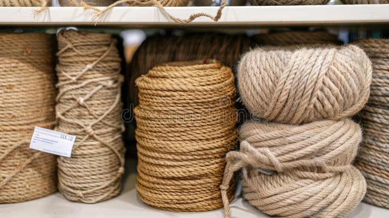 A Large Coil of Thick Rope with White Labels Sits on a Shelf in an ...