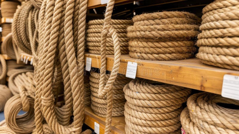 A Large Coil of Thick Rope with White Labels Sits on a Shelf in an ...