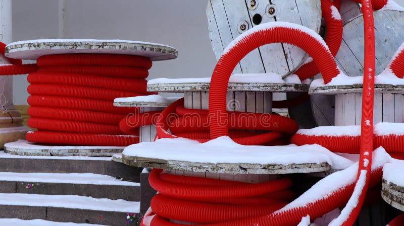 Large Coils of Red Flexible Corrugated Pipe Used To Protect Cables in ...