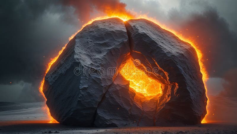 A Large Cold Stone with Burning Hot Fire within Its Core. Stock Photo ...