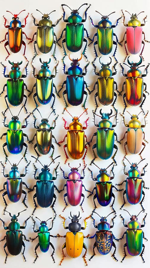 A Large Collection of Colorful Beetles on a White Wall Stock Photo ...