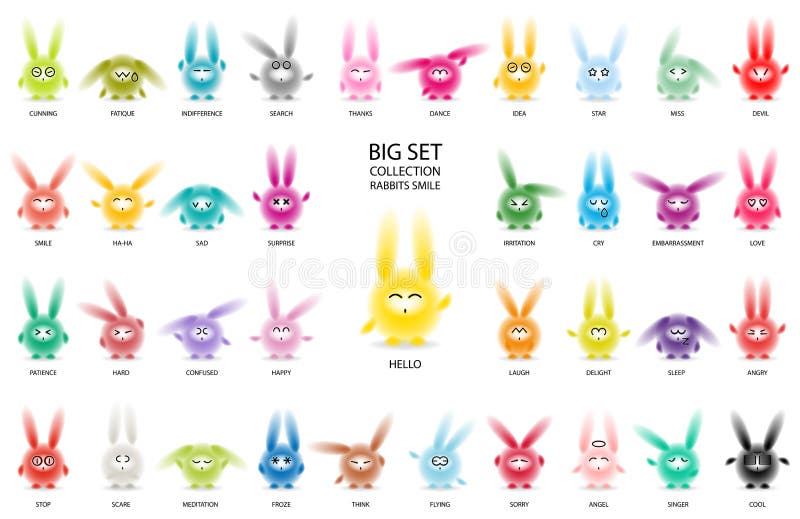 Rabbits with Narrow Eyes Set Multicolor Stock Vector - Illustration of ...