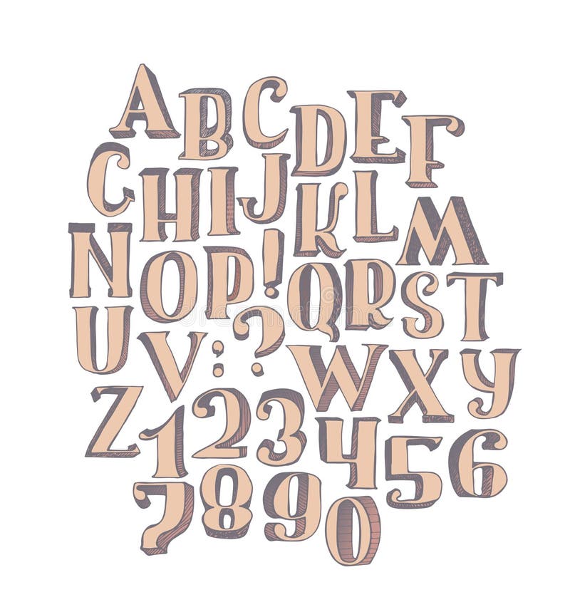 Handdrawn Font. Alphabet and Numbers with Grunge Lines and Strokes ...