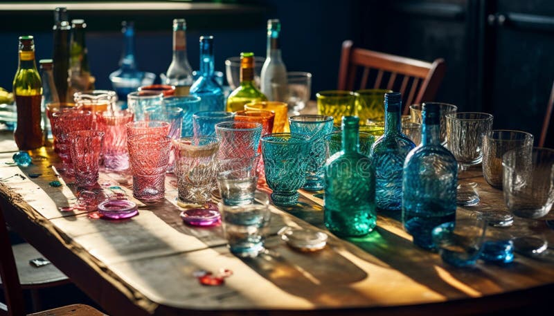 A Large Collection of Multi Colored Glassware Arranged on a Table ...