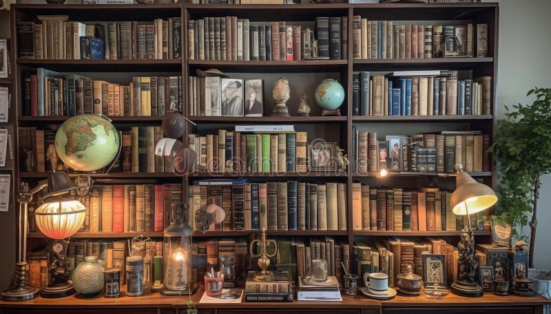 A Large Collection of Old Textbooks on a Wooden Bookshelf Generated by ...