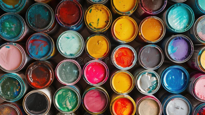 A Large Collection of Paint Cans in Various Colors are Meticulously ...