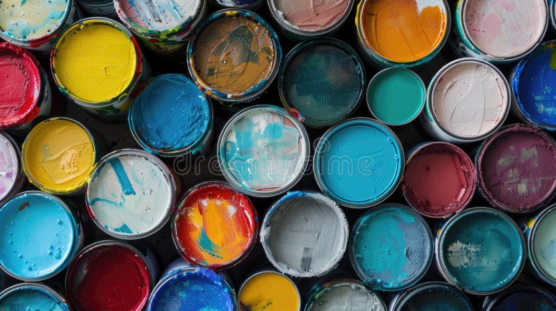 A Large Collection of Paint Cans in Various Colors are Meticulously ...
