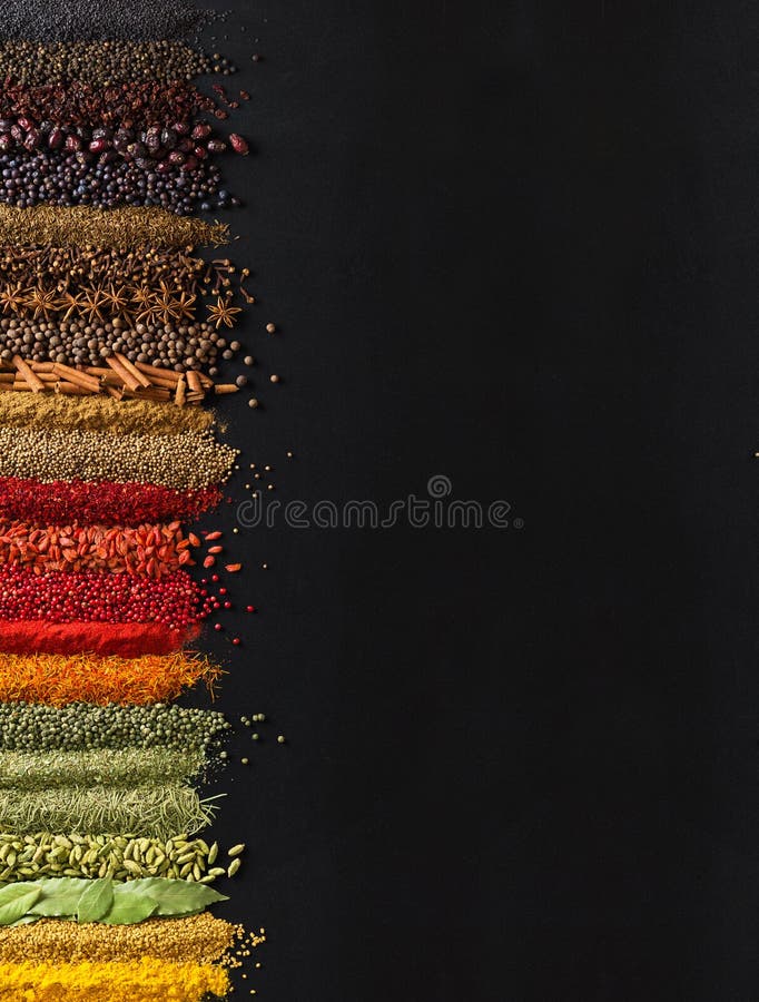 Large Collection Spices and Herbs on Background of Black Table ...