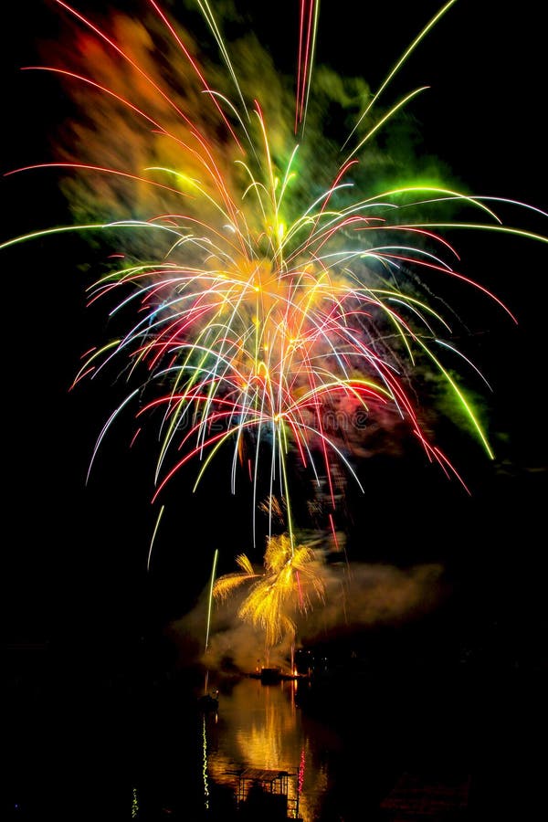 Large Colored Fireworks Over the Water Stock Image - Image of display ...