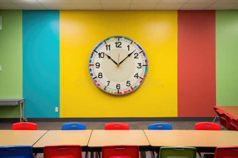 Large Colorful Clock on a Classroom Wall Stock Photo - Image of ...