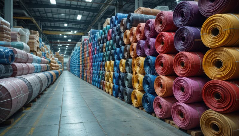 Large Colorful Rolls of Various Materials Stacked High Inside a ...