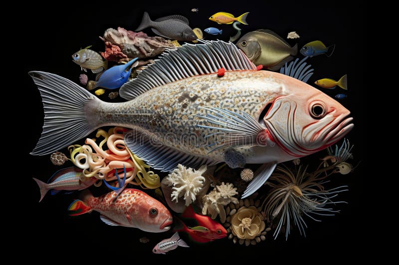 Large Colorful Tropical Fish and Sea Objects Assemblage Stock ...