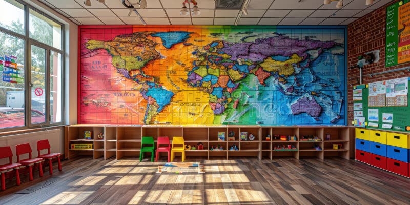 A Large Colorful World Map is on the Wall of a Room Stock Photo - Image ...
