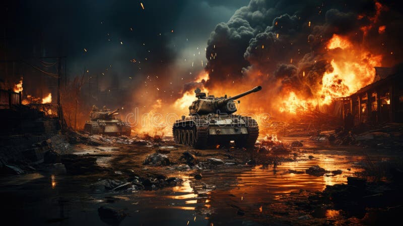 Large Combat Military Tank and Explosions during Combat Operations in ...