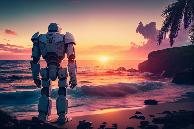 A Large Combat Robot on the Beach of a Luxurious Tropical Resort. AI ...