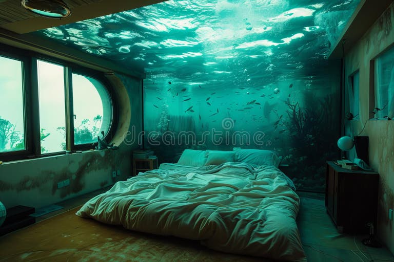 Large Comfortable Bed is in a Room with an Underwater View Aquarium ...
