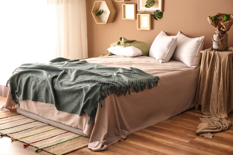 Large Comfortable Bed in Stylish Room Stock Photo - Image of background ...